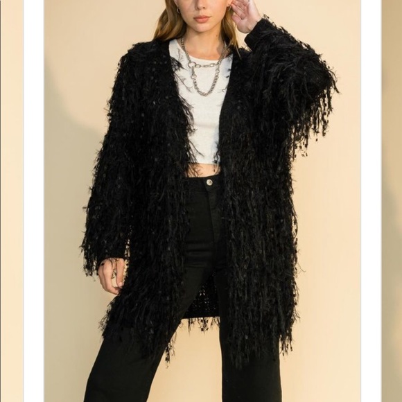 Sweaters | Fuzzy Fringe Open Front Longline Cardigan In Black Size S ...